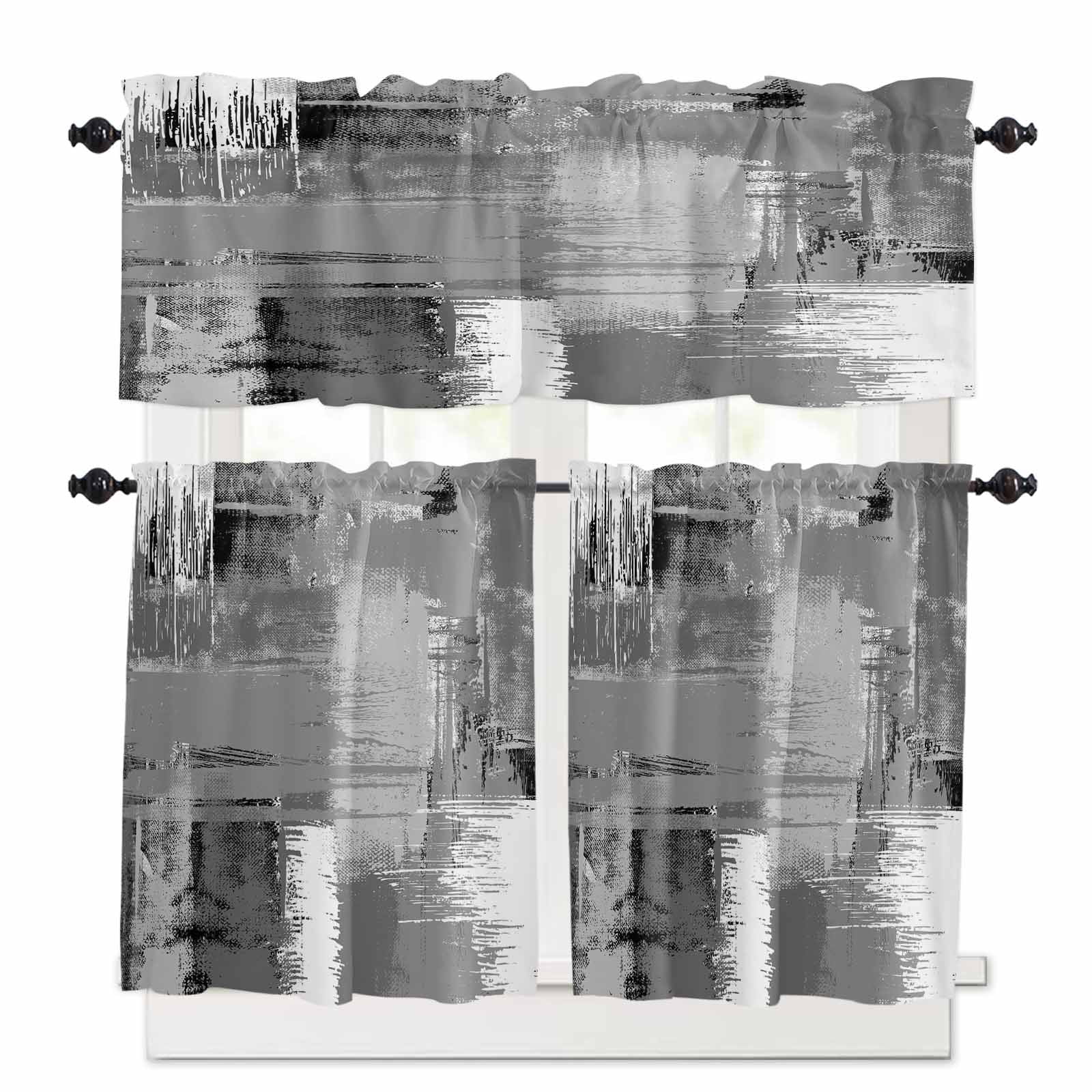 Abstract Art Kitchen Curtains Valance and Tier Set Gray White Mottled ...