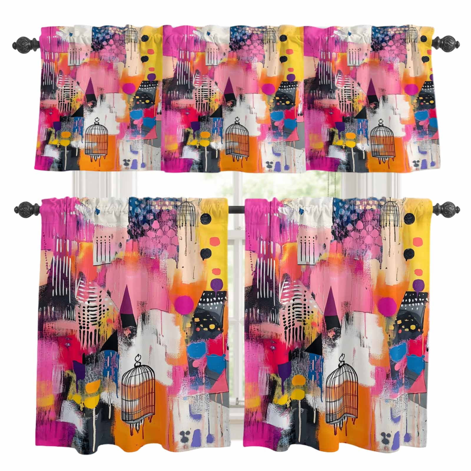 Abstract Art Kitchen Curtains Valance and Tier Set Impressionist Style ...