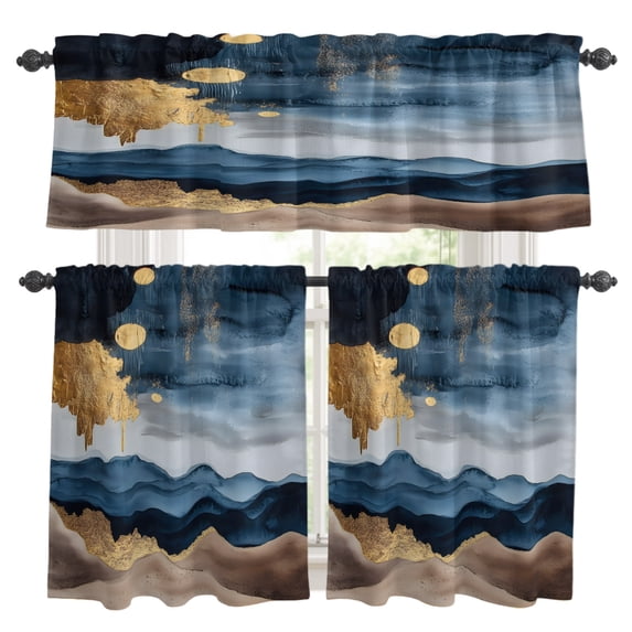 Abstract Art Kitchen Curtains Valance and Tier Set Modern Blue Gold ...