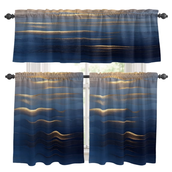 Abstract Art Kitchen Curtains Valance and Tier Set Modern Gold Blue Oil ...