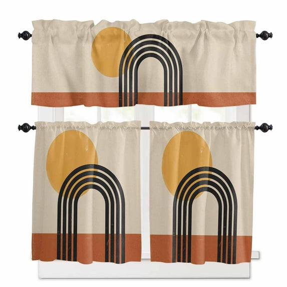 Abstract Art Kitchen Curtains Valance and Tier Set Orange Black Circle Stripes Geometric Modern ...
