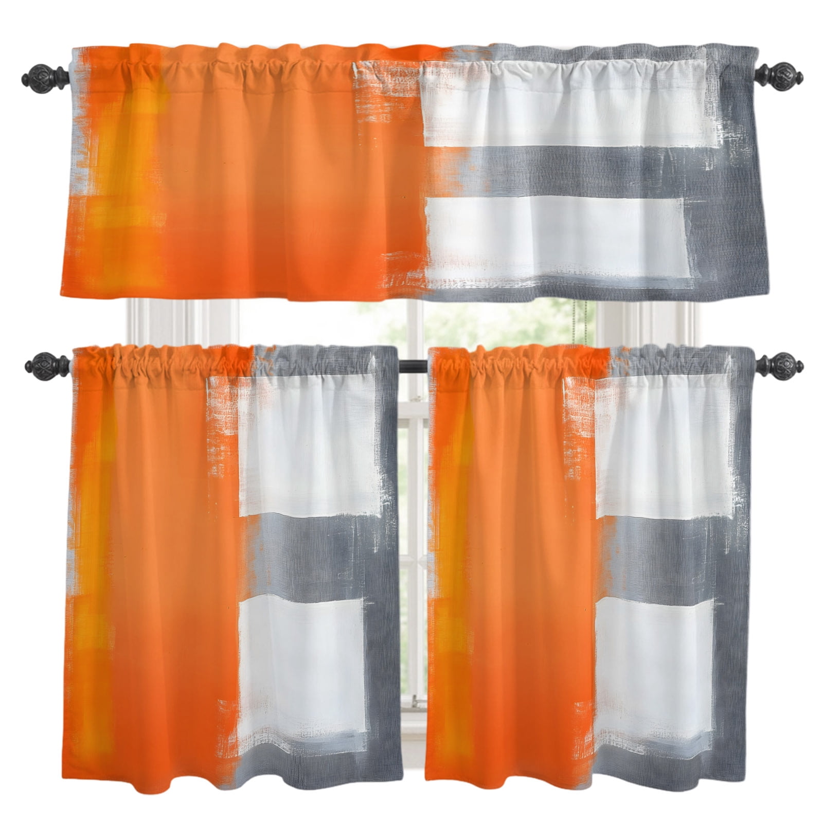 Abstract Art: Kitchen Curtains Valance and Tier Set Orange Gray Squares ...