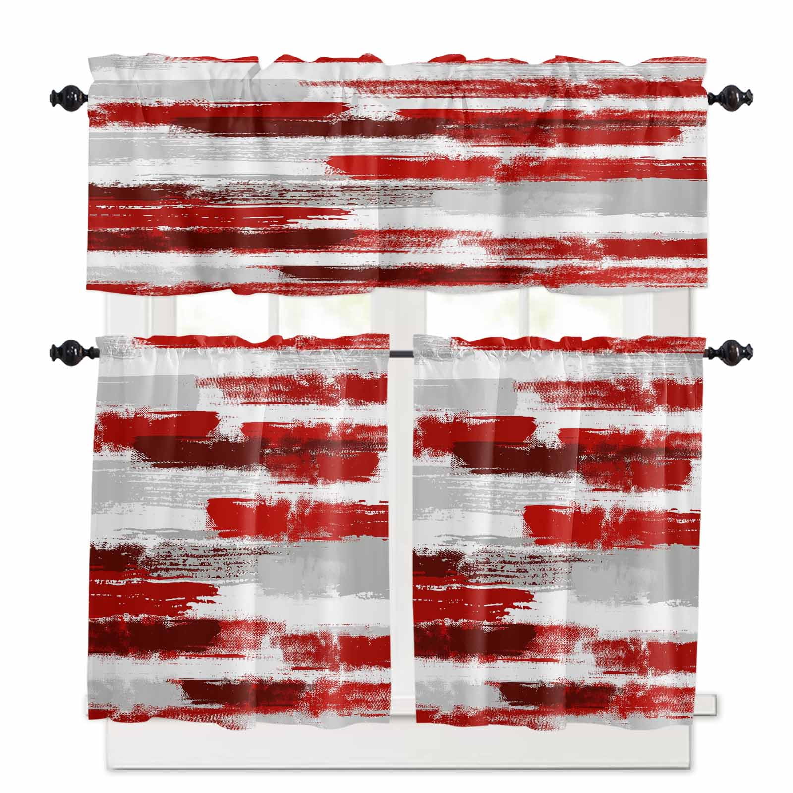 Abstract Art Kitchen Curtains Valance and Tier Set Red Gray Mottled ...
