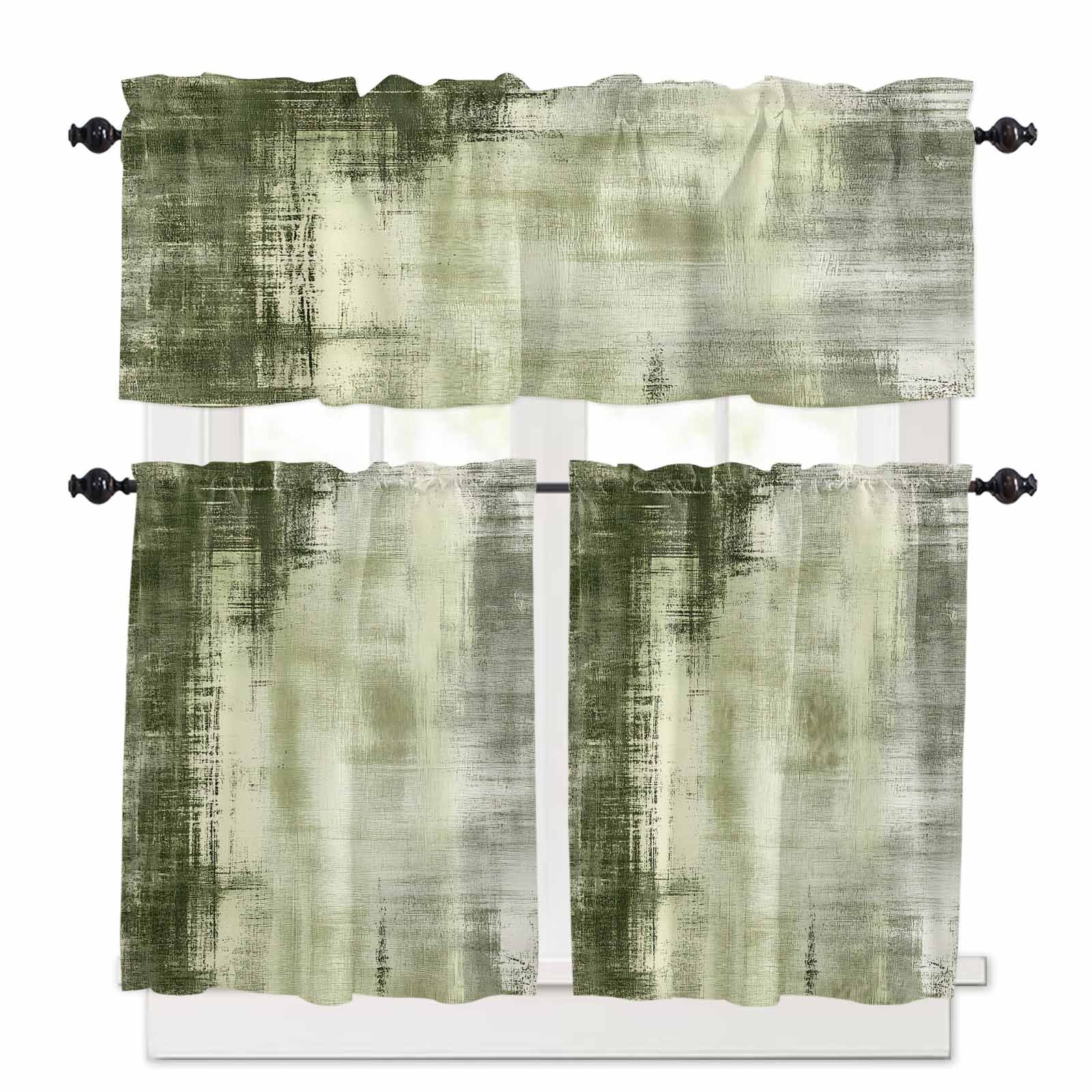 Abstract Art Kitchen Curtains Valance and Tier Set Retro Green Collage ...