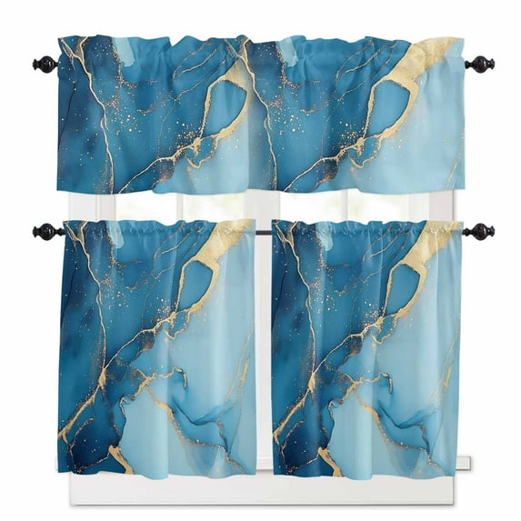 Abstract Art Kitchen Curtains Valance and Tier Set Teal Blue Marble ...