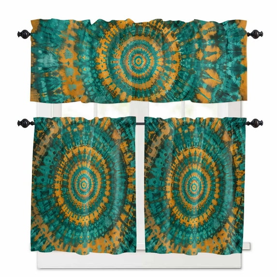Abstract Art Kitchen Curtains Valance and Tier Set Teal Yellow Tie-Dye ...