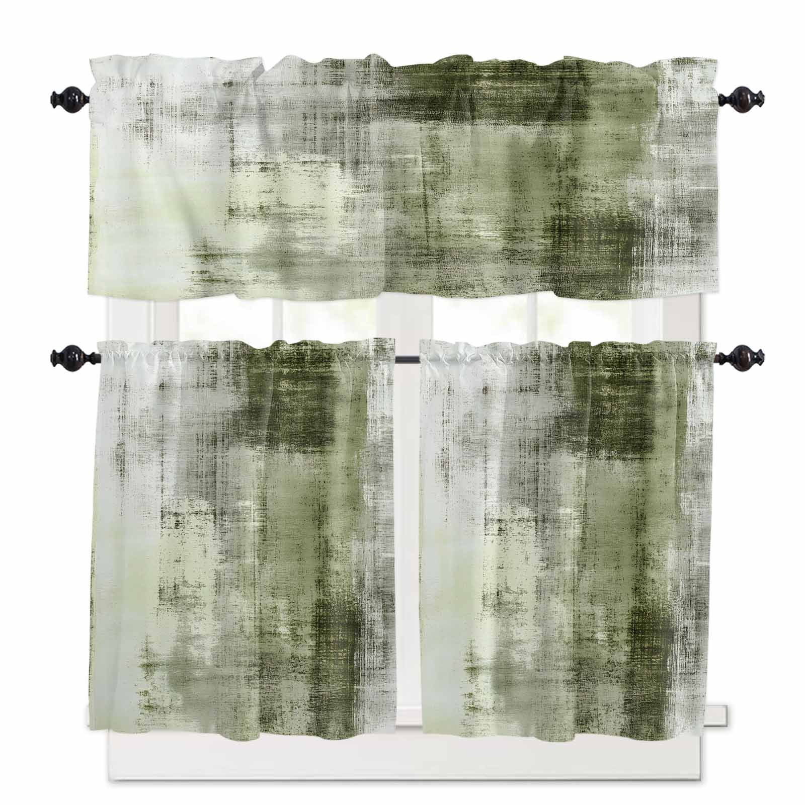 Abstract Art Kitchen Curtains Valance and Tier Set Vintage Green ...