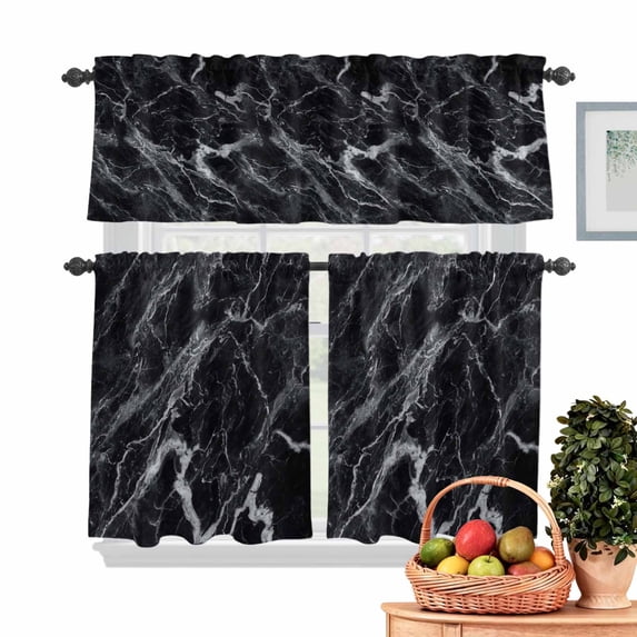 Abstract Art Kitchen Curtains Valances 3 Piece Set, Dark Black Marble ...