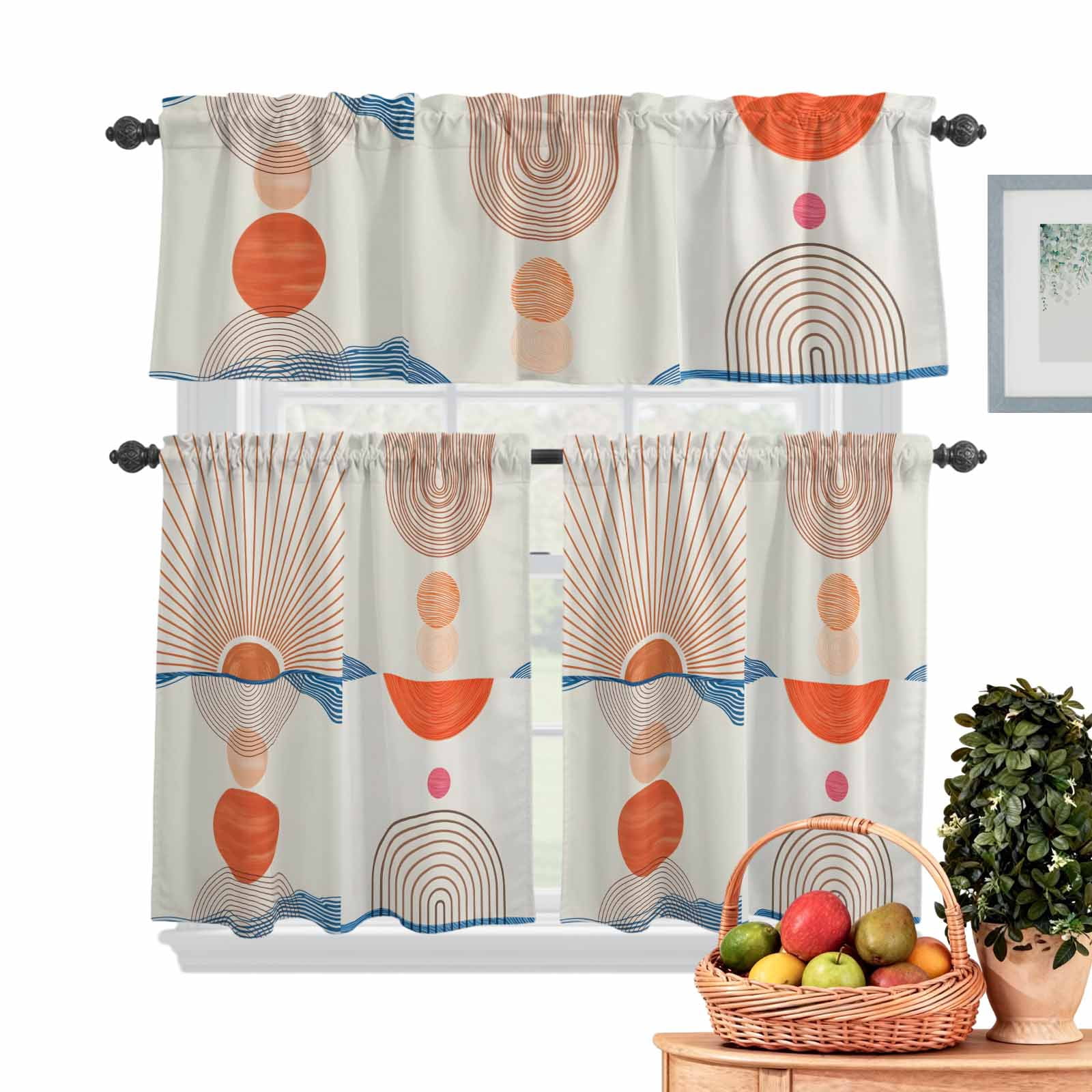 Abstract Art Kitchen Curtains Valances 3 Piece Set, Sunset Orange Blue ...