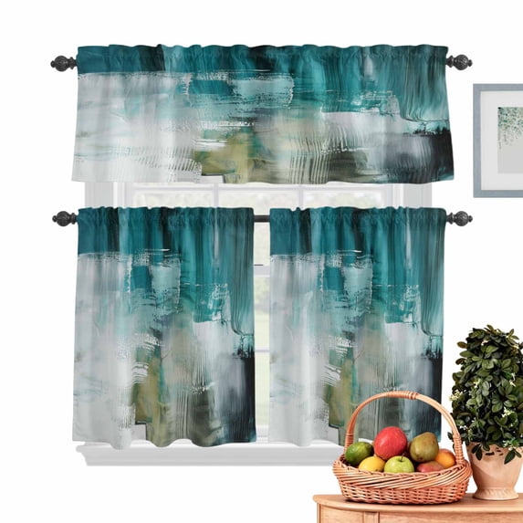 Abstract Art Kitchen Curtains Valances 3 Piece Set, Turquoise White ...