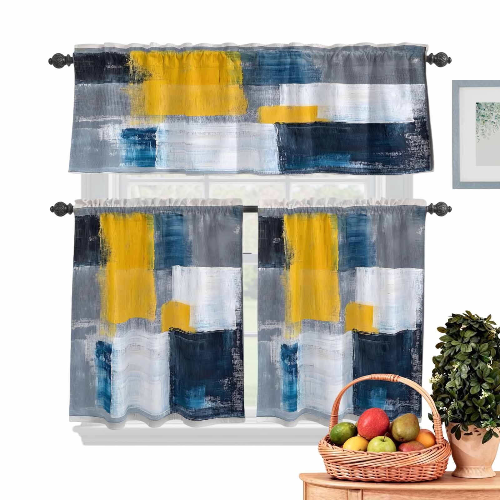 Abstract Art Kitchen Curtains Valances 3 Piece Set, Yellow Grey ...