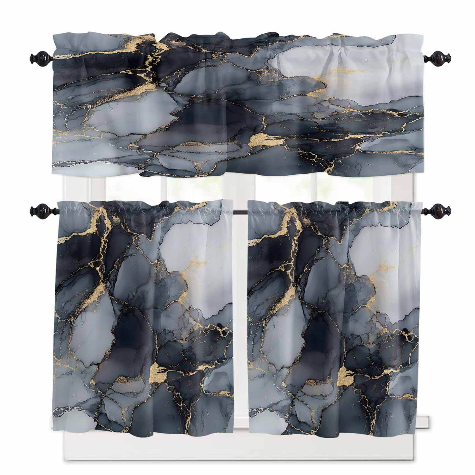 Abstract Art Kitchen Curtains and Valances Set, Black Gold Gradient ...