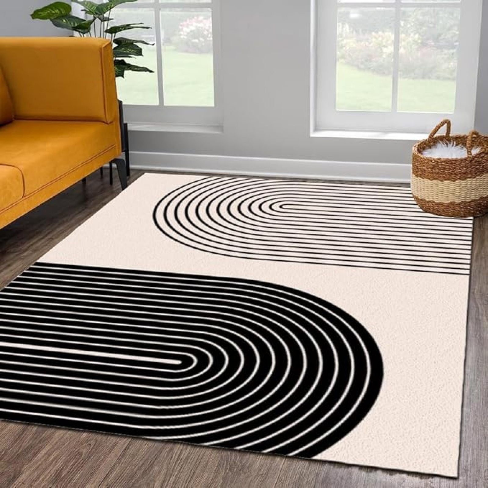 Abstract Art Large Area Rug, Black White Lines Non Slip Stain Resistant ...