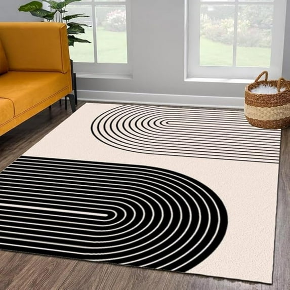 Abstract Art Large Area Rug, Black White Lines Non Slip Stain Resistant ...