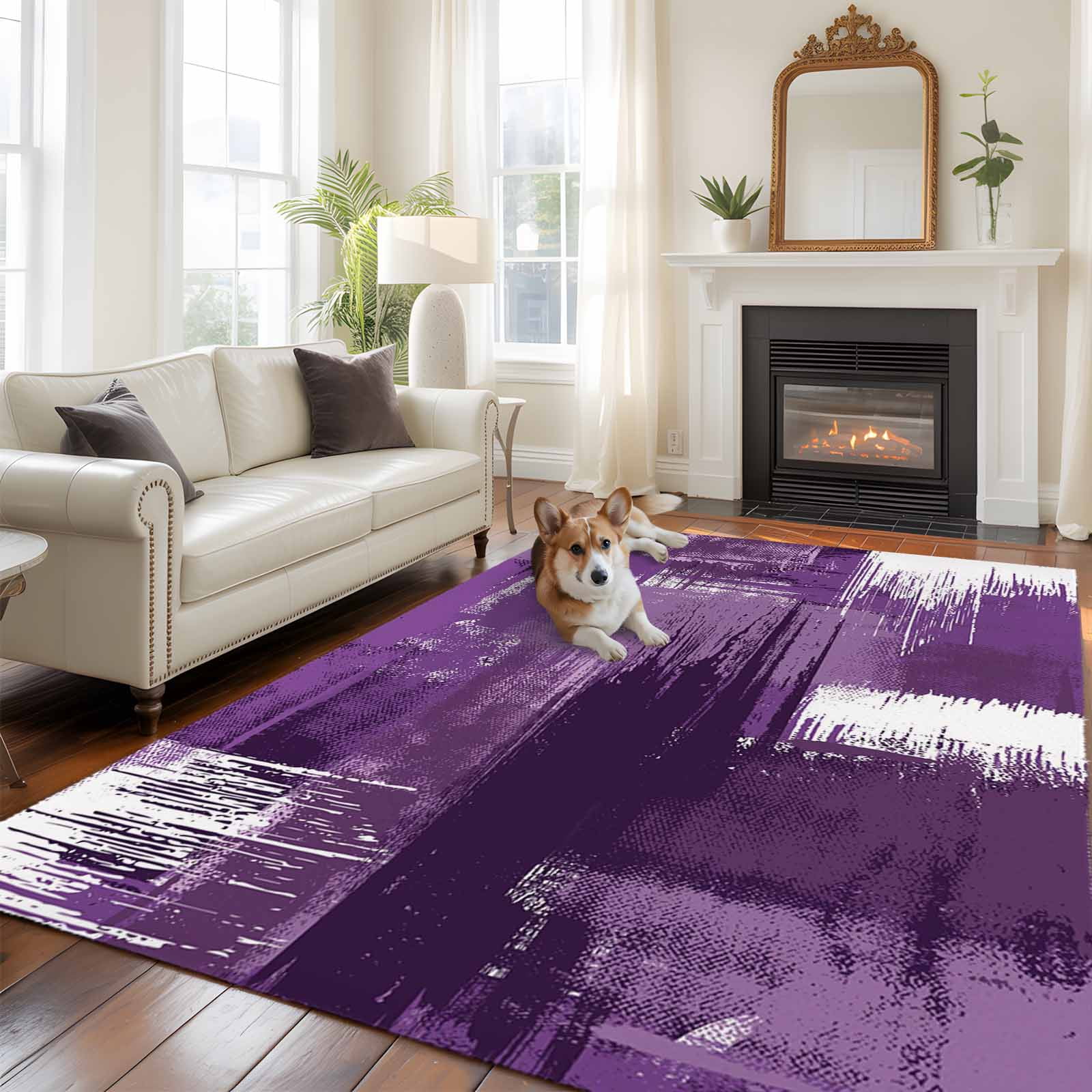 Abstract Art Large Area Rugs 5x8 ft Purple White Mottled Color Block ...