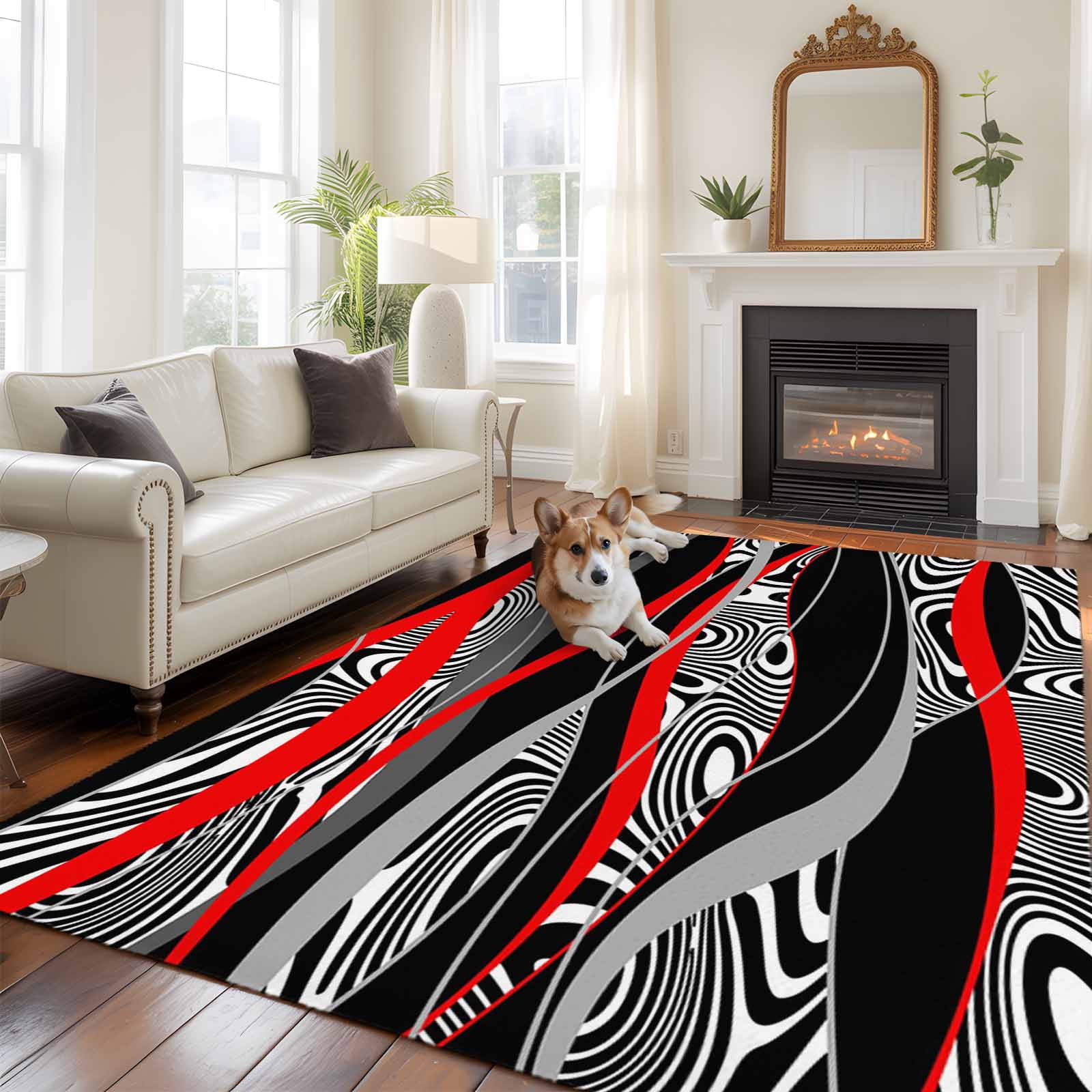 Abstract Art Large Area Rugs 5x8 ft Red Black Gray Lines Psychedelic ...
