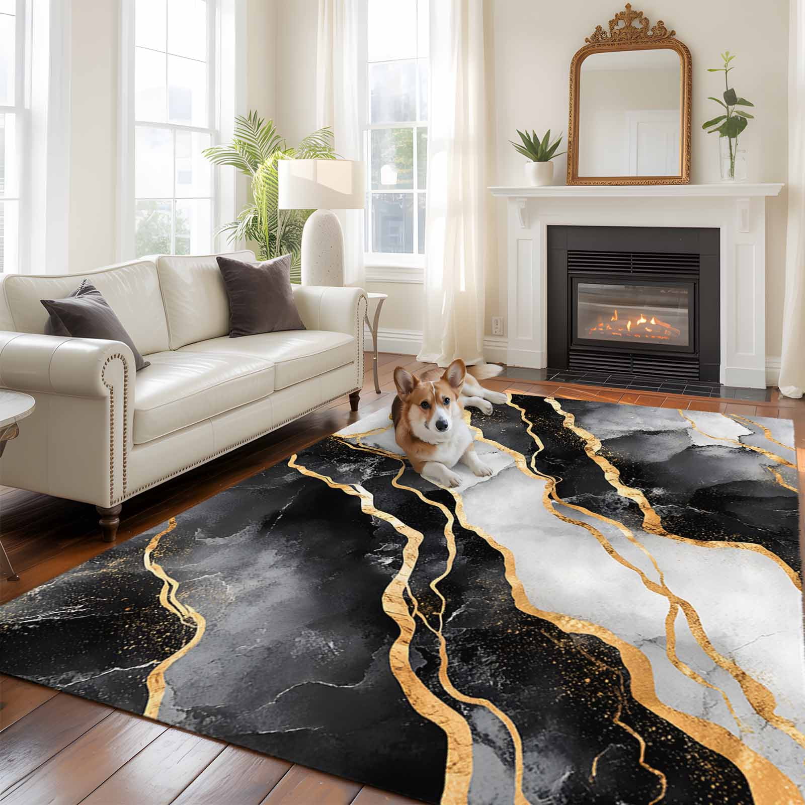 Abstract Art Large Area Rugs 5x8 ft White Black Gradient Marbling Water ...