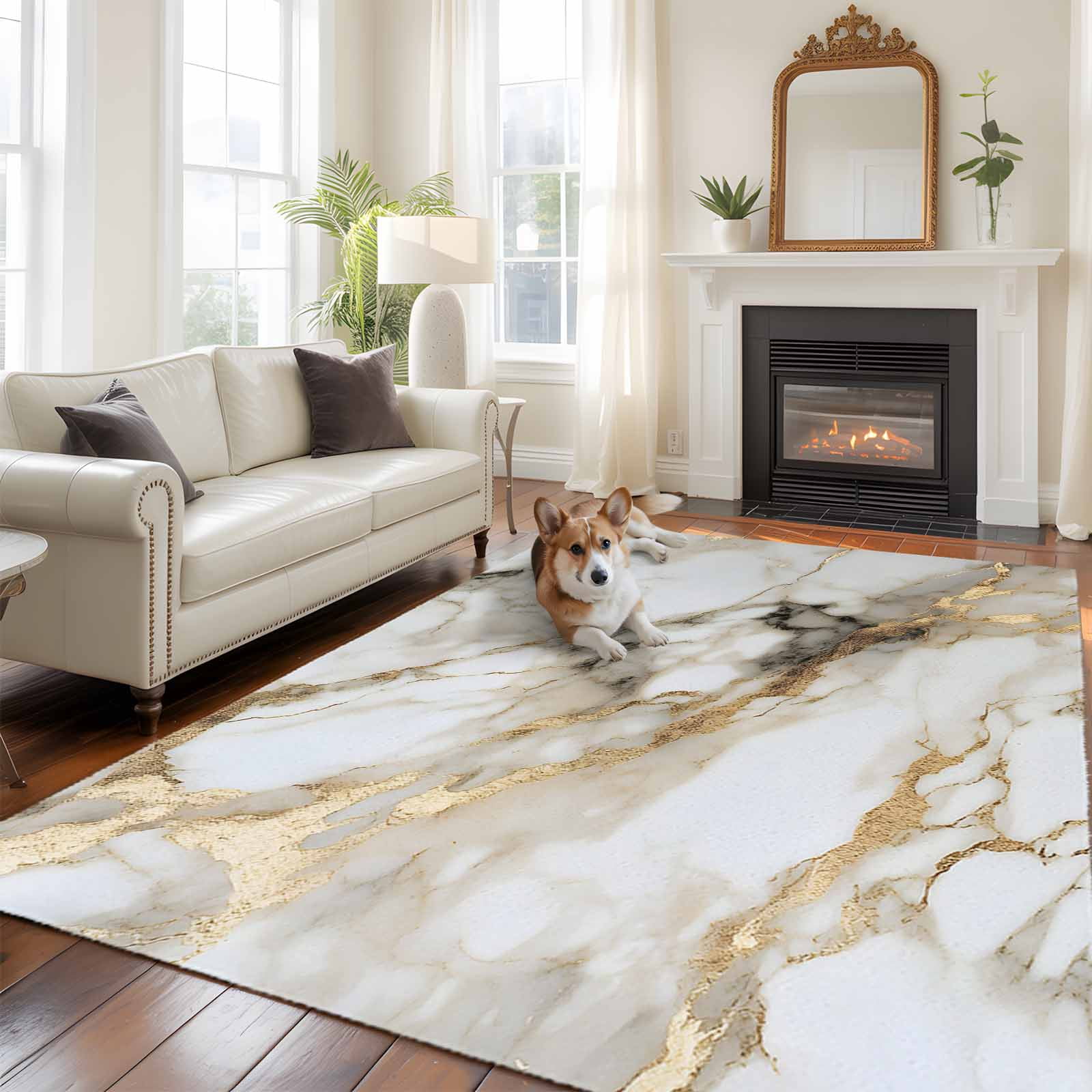 Abstract Art Large Area Rugs 5x8 ft White Marble Texture Gold Crack ...