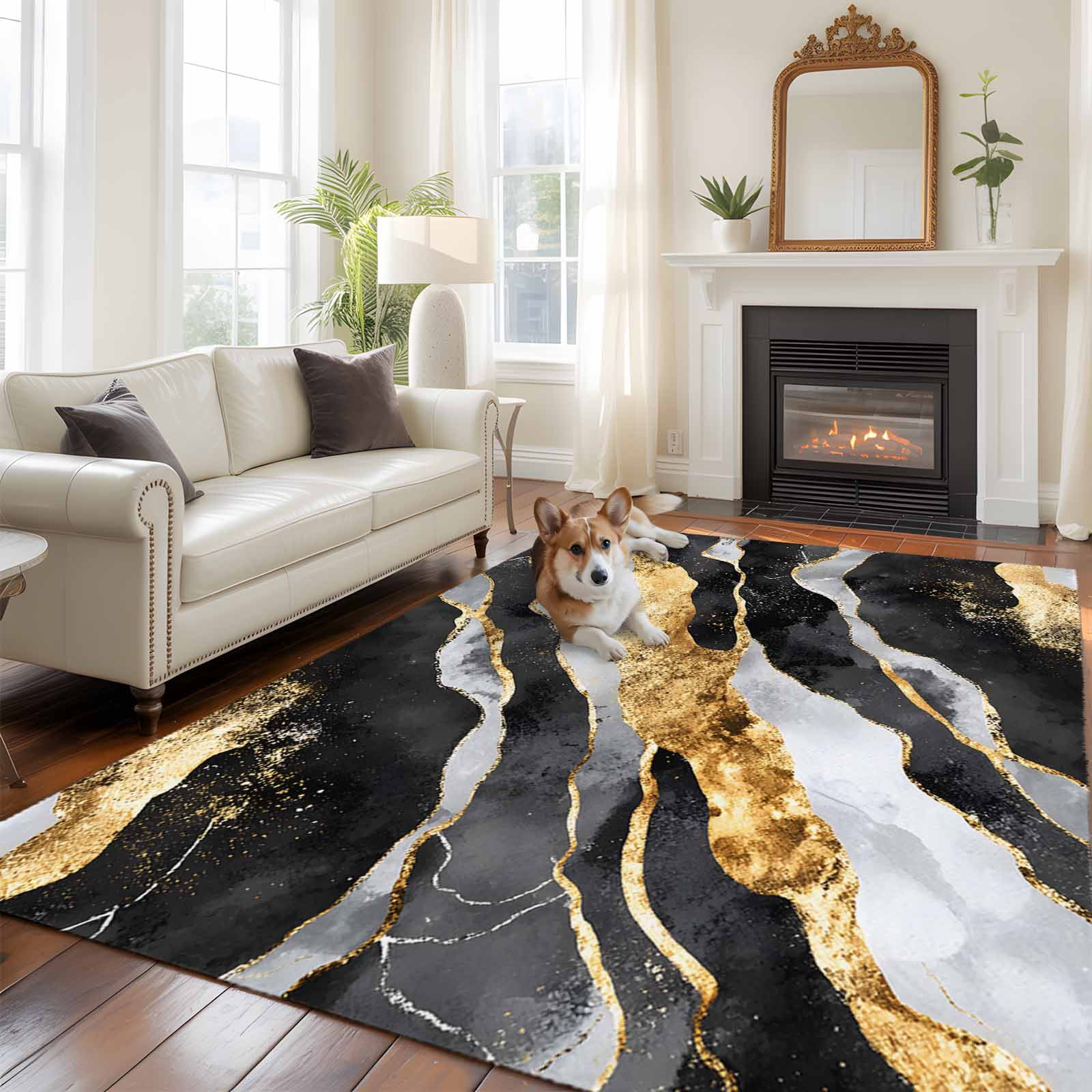 Abstract Art Large Area Rugs 6x9 ft Black Gold Gradient Marbling Water ...