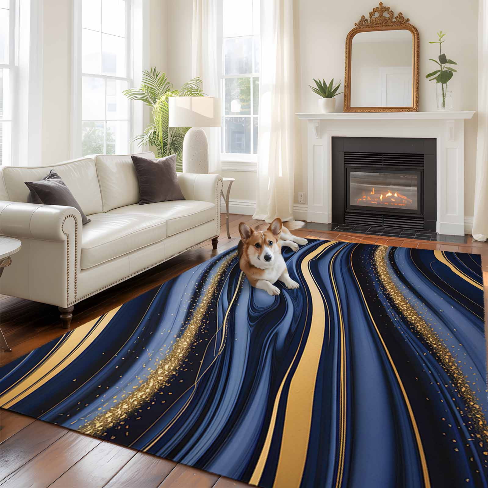 Abstract Art Large Area Rugs 6x9 ft Retro Blue Gold Marble Texture ...