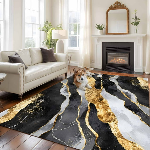 Abstract Art Large Area Rugs 8x10 ft Black Gold Gradient Marbling Water ...