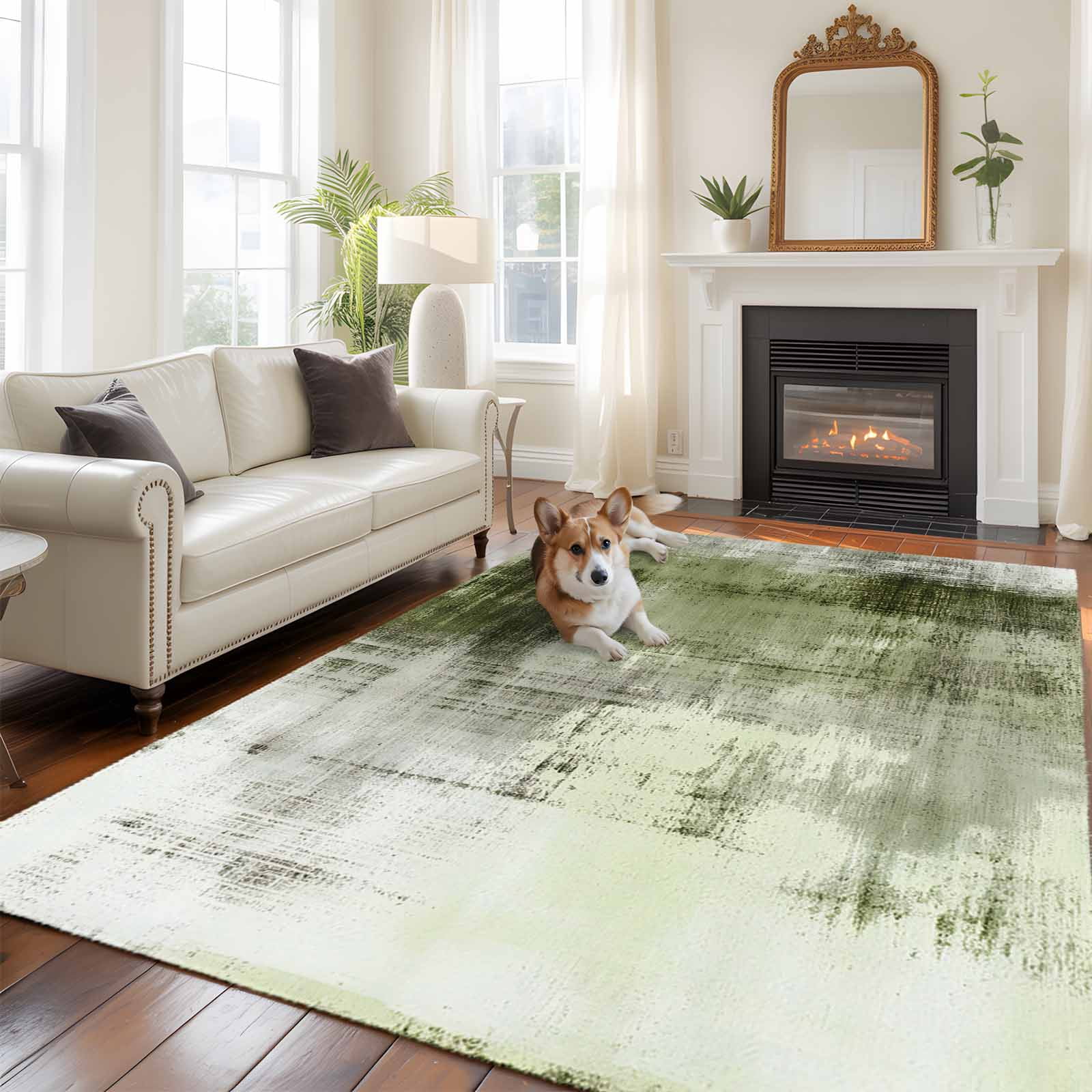 Abstract Art Large Area Rugs 8x10 ft Vintage Green Collage Oil Painting ...