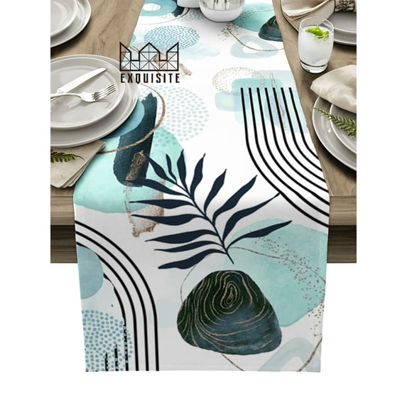Abstract Art Leaf Boho Teal Leaves Table Runner Wedding Party Dining ...
