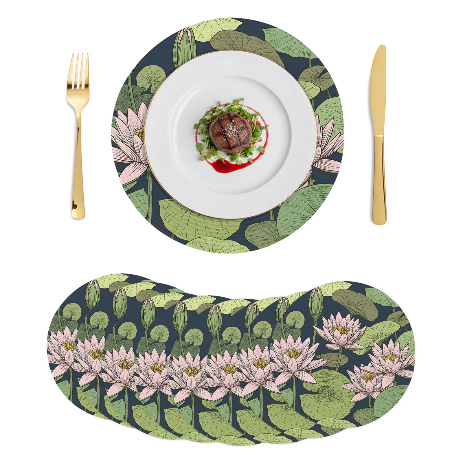 Abstract Art Lotus Round Placemats Set of 8 Green Pink Nature Floral ...