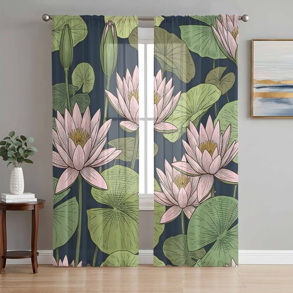 Abstract Art Lotus Sheer Curtains 72 Inch Length 2 Panels Set, Green ...