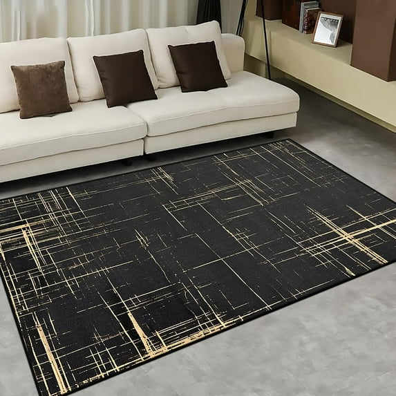 Abstract Art Luxury Black Area Rug Modern Golden Yellow Thread Rug Low ...
