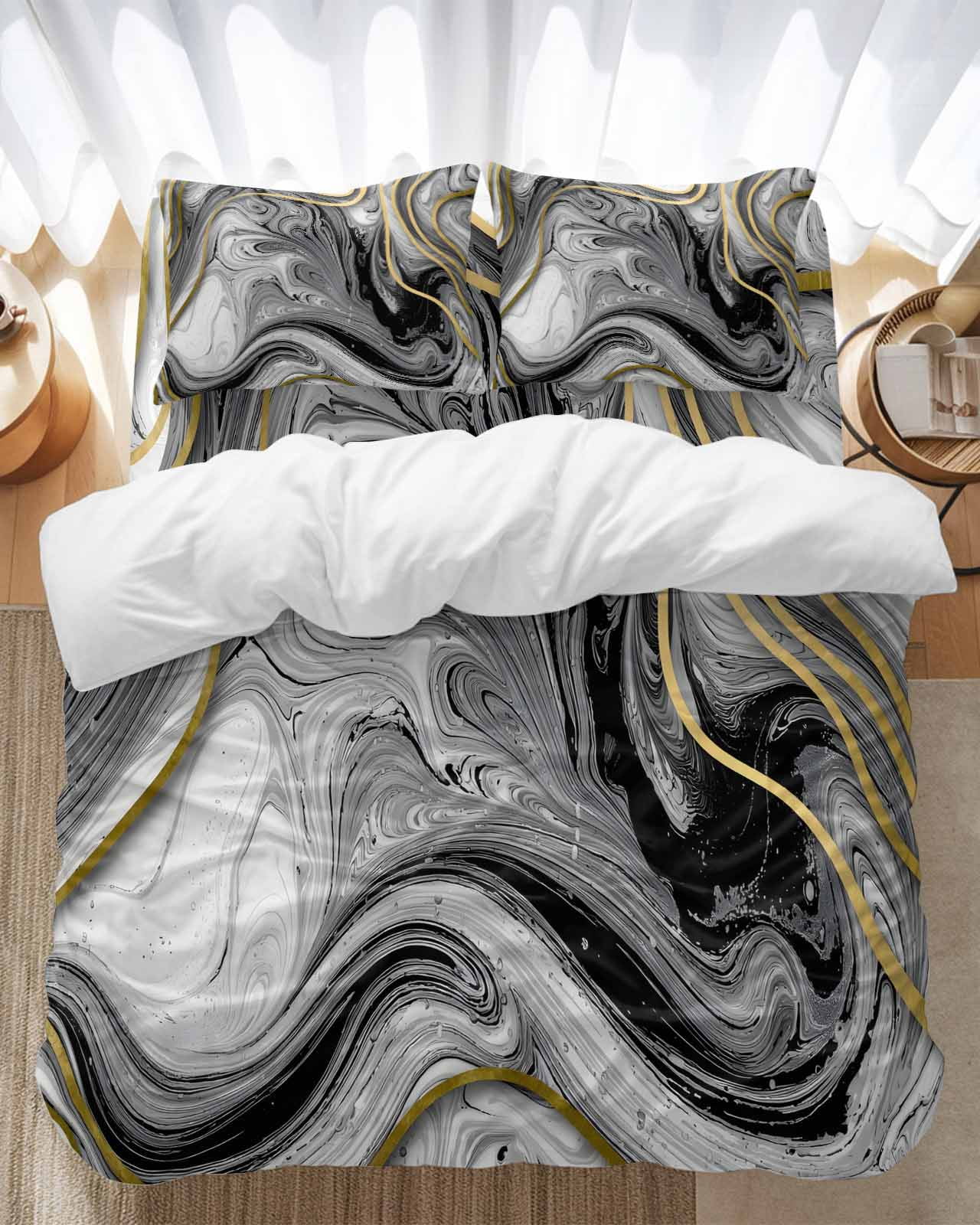 Abstract Art Marble Bedding Duvet Cover Set Queen Size 4 Pieces Gold ...