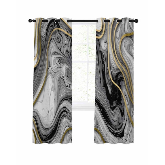 Abstract Art Marble Blackout Curtains 63 Inch Length Gold Gray White ...