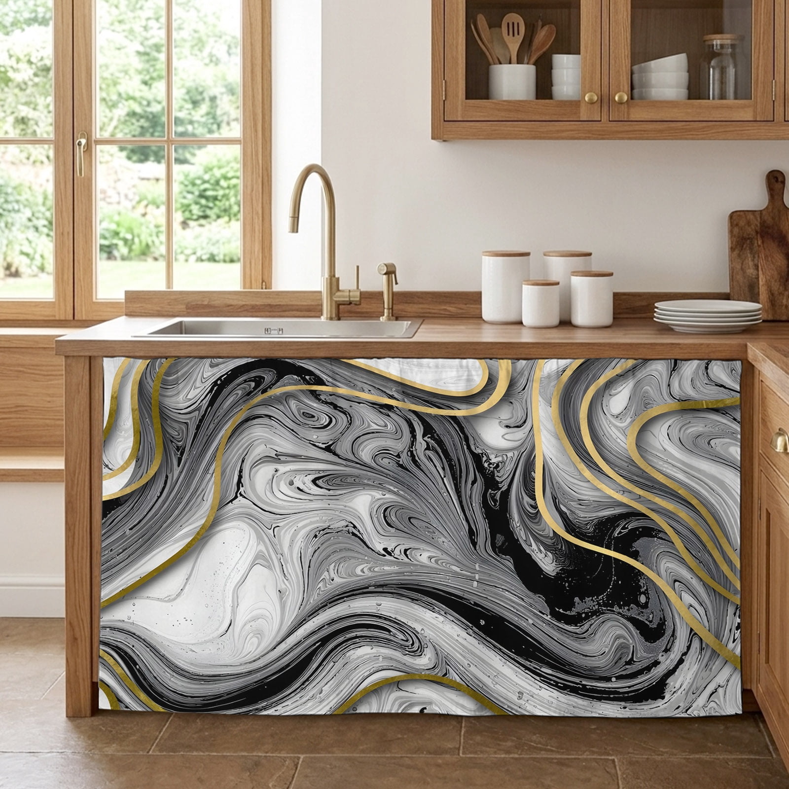 Abstract Art Marble Cabinet Curtains 28" W x 51" L Gold Gray White ...