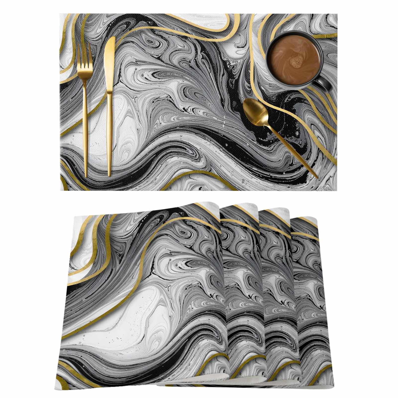 Abstract Art Marble Cotton Linen Placemats Set of 4, Gold Gray White ...
