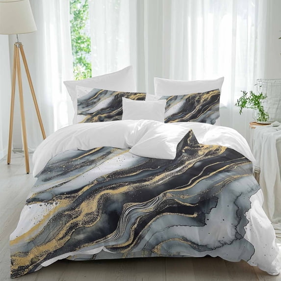 Abstract Art Marble Texture 4 Piece Duvet Cover Set Full Size Gold ...