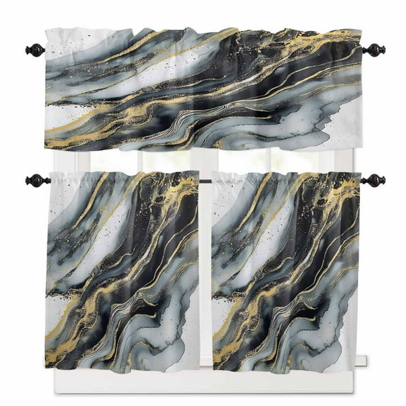 Abstract Art Marble Texture Kitchen Curtains Valance and Tier Set Gold ...