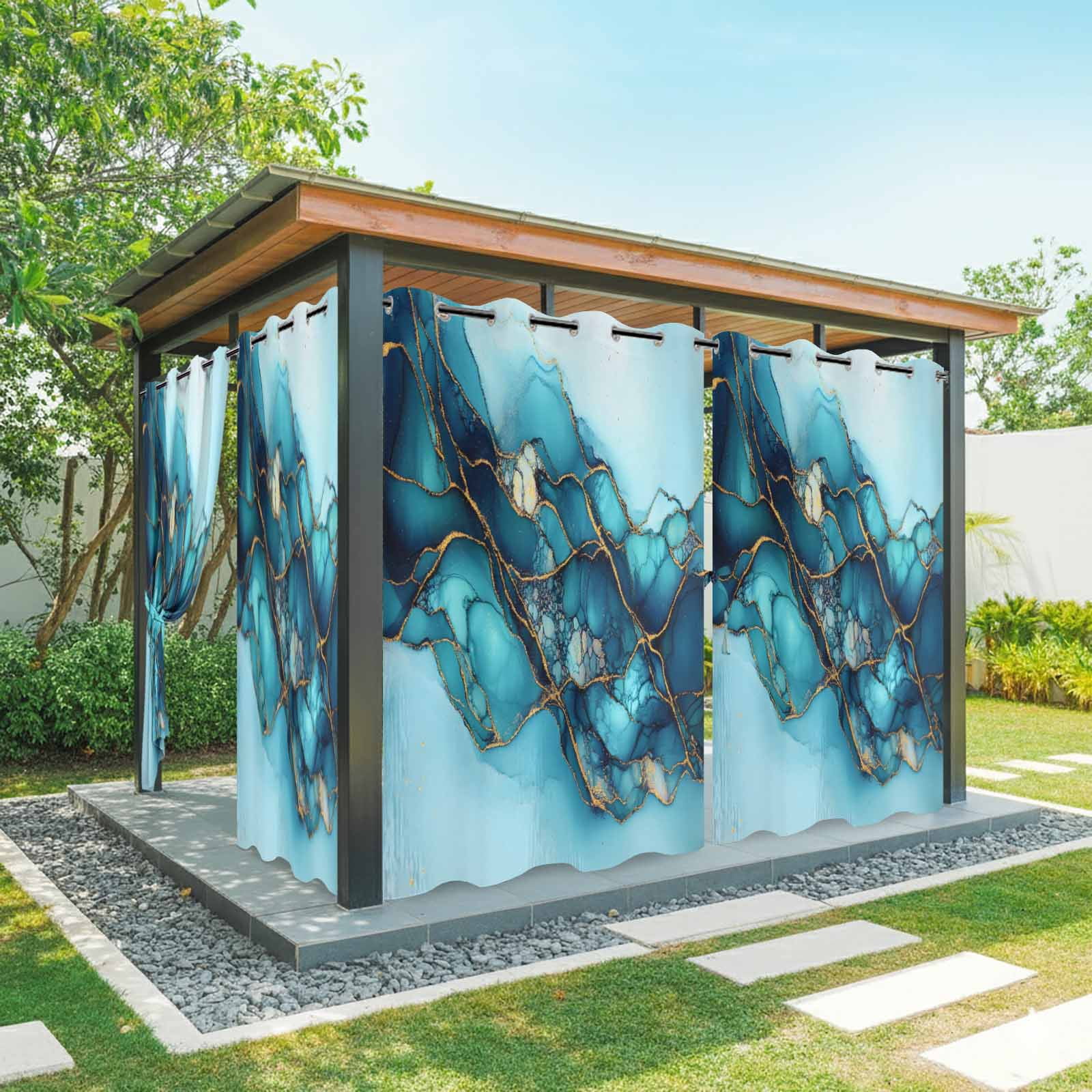 Abstract Art Marble Texture Outdoor Curtains for Patio Waterproof, Gold ...