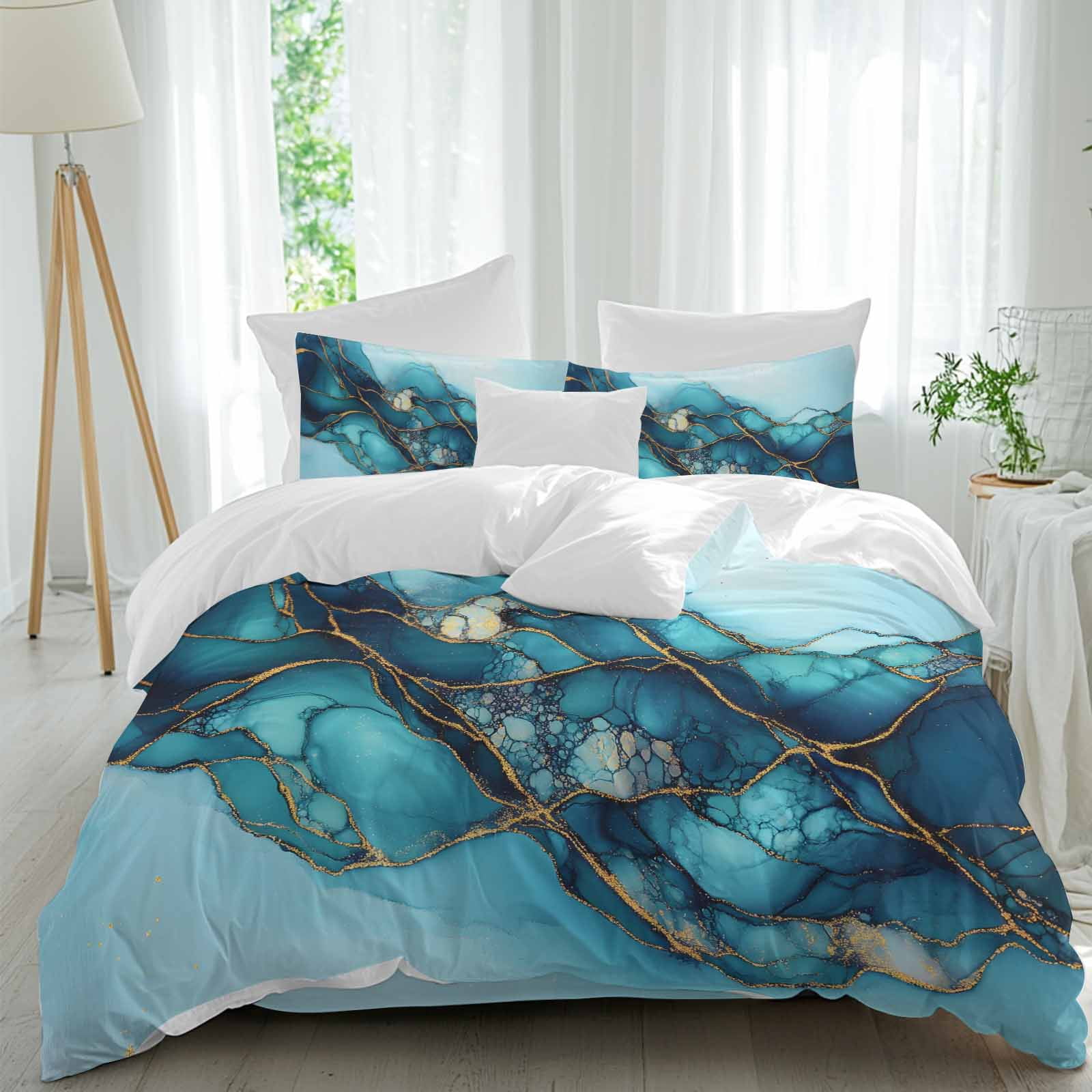 Abstract Art Marble Texture Queen Duvet Cover Set, Gold Teal Green ...