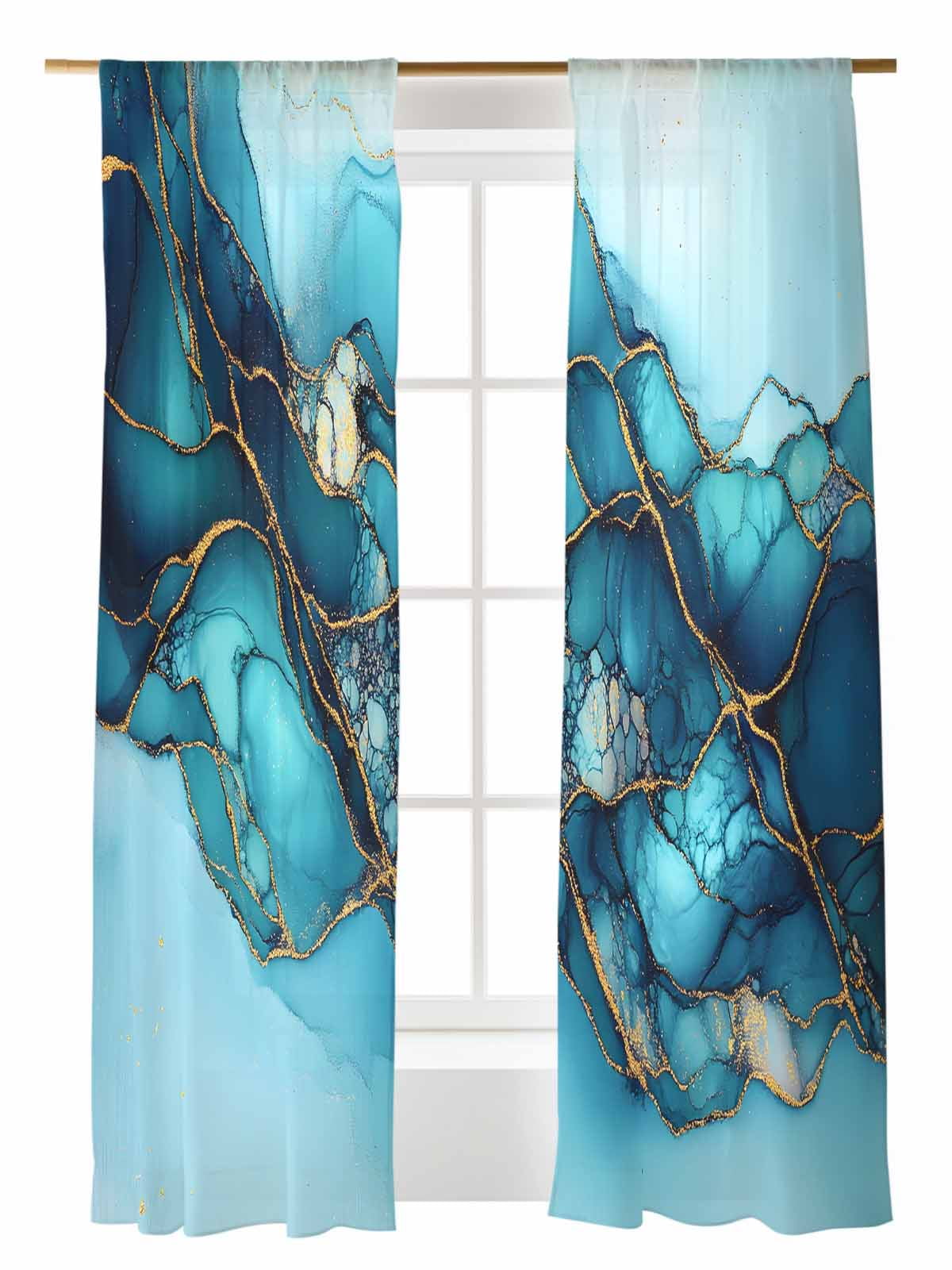 Abstract Art Marble Texture Sheer Curtains 2 Panels Set Gold Teal Green ...