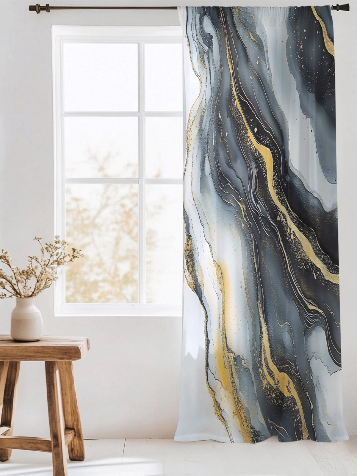 Abstract Art Marble Texture Sheer Curtains 84 Inch Long 1 Panel Black ...