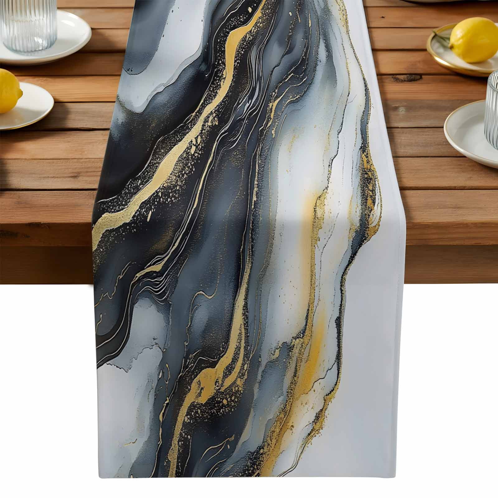 Abstract Art Marble Texture Table Runner, Black Gold Gradient Modern ...