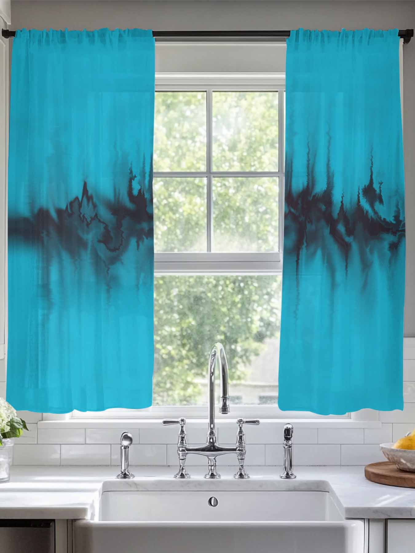 Abstract Art Natural Ink Texture Blue Sheer Curtains 72 Inches Long 2 ...