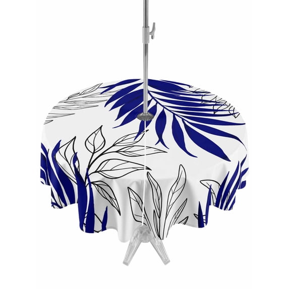 Abstract Art Navy Leaves Round Outdoor Tablecloth with Umbrella Hole ...