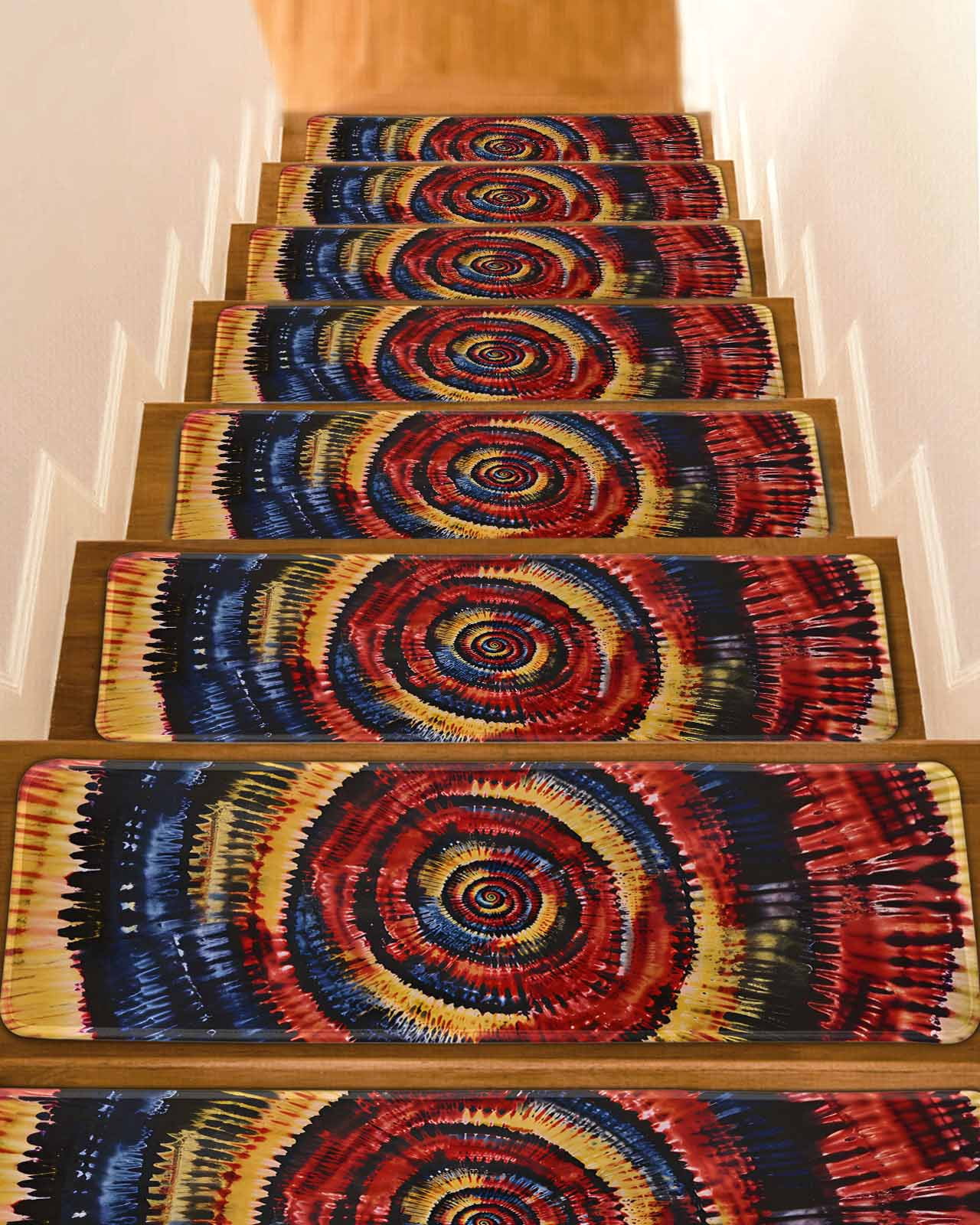 Abstract Art Non-Slip Stair Treads for Wooden Steps Red Navy Yellow Tie ...
