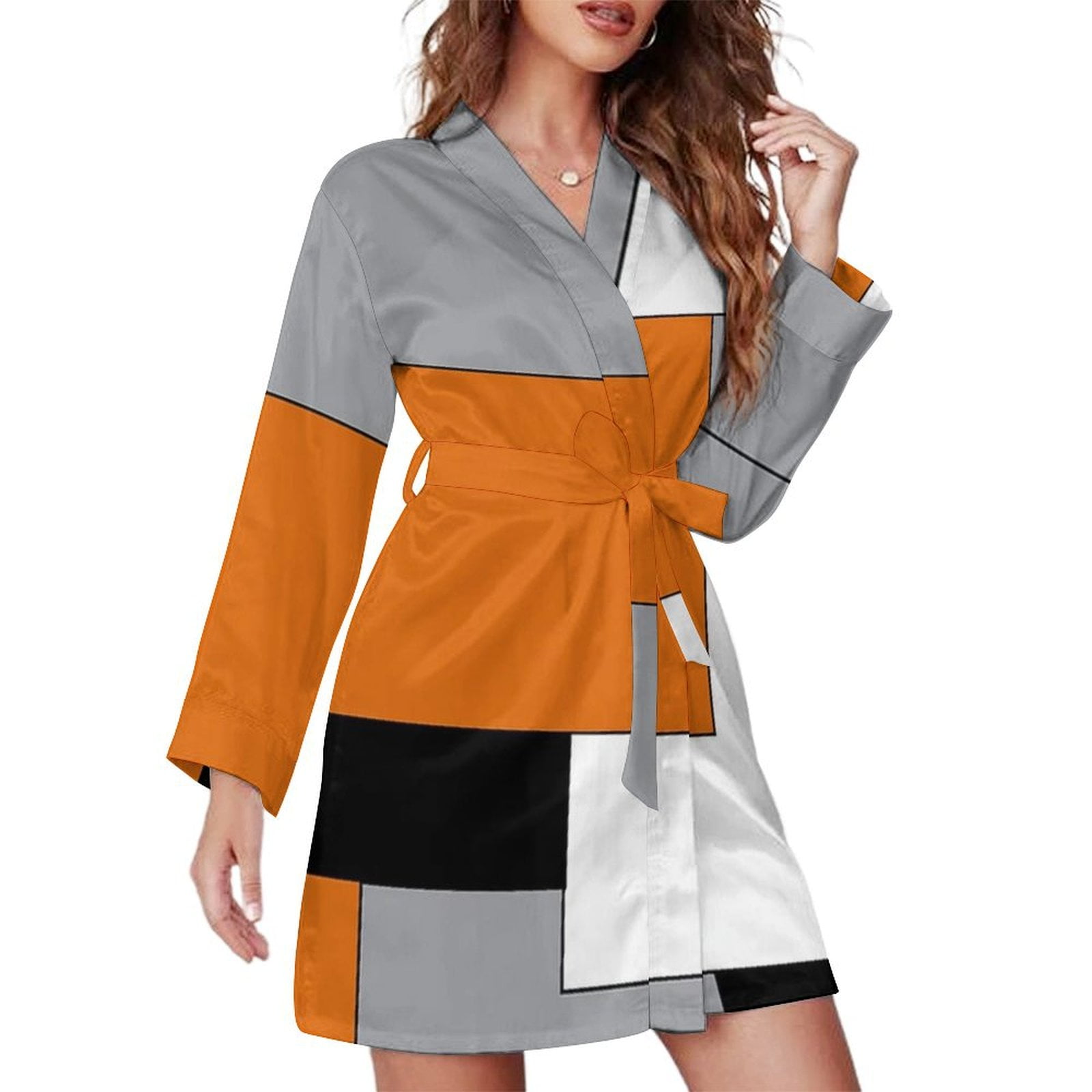 Abstract Art Orange Black Gray Splice Night Robe Long Sleeve V Neck ...
