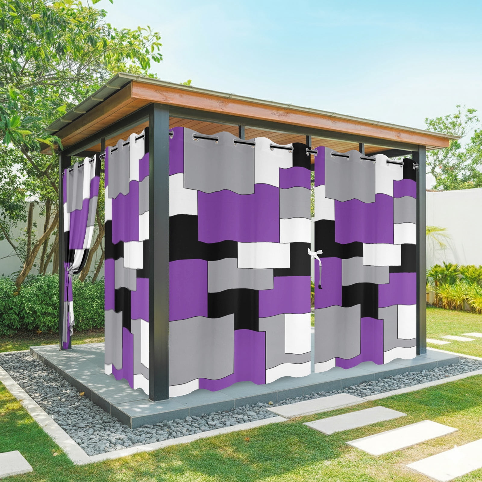 Abstract Art Outdoor Curtains, Patchwork Purple Black and Grey ...
