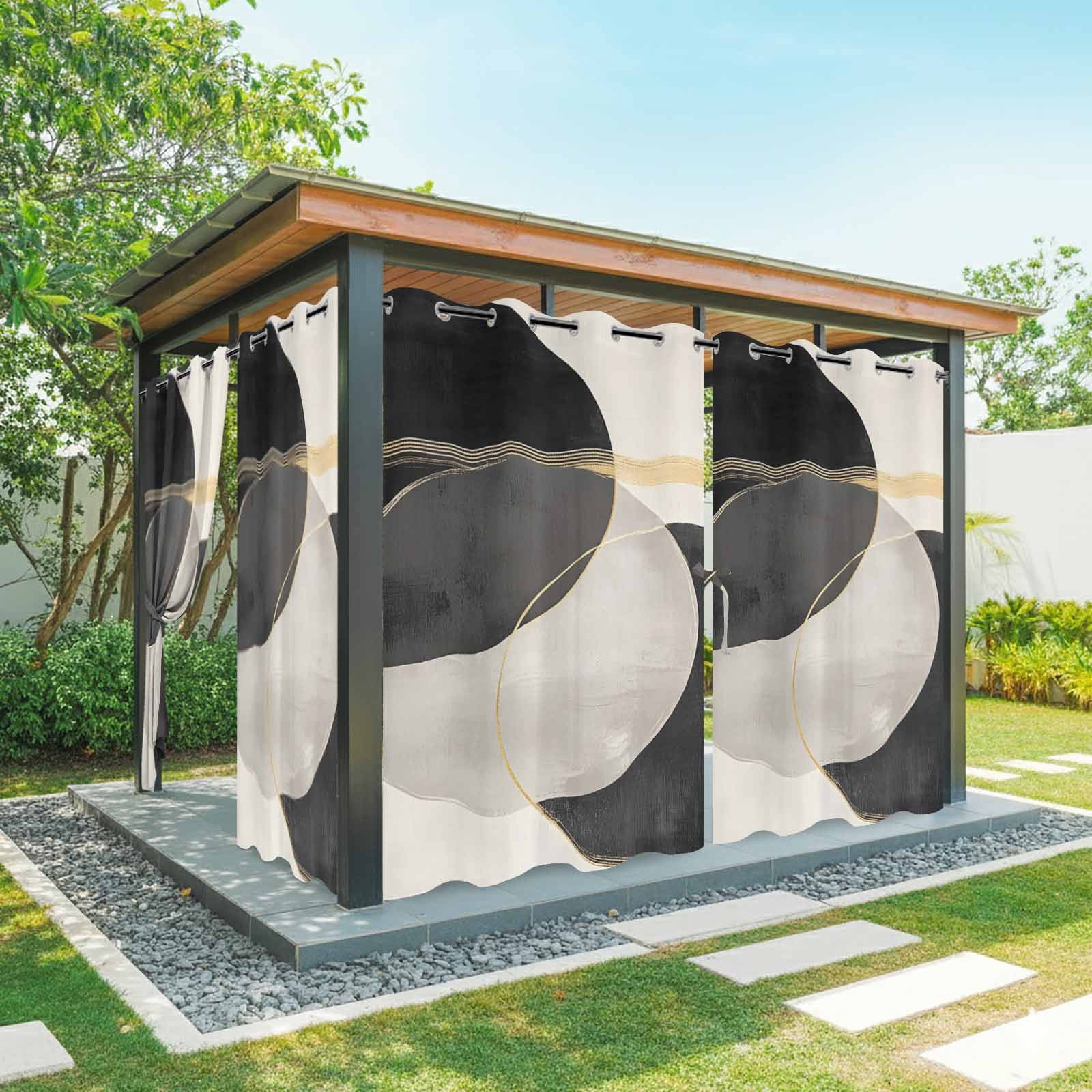 Abstract Art Outdoor Curtains for Patio Waterproof, Black Gold Circle ...