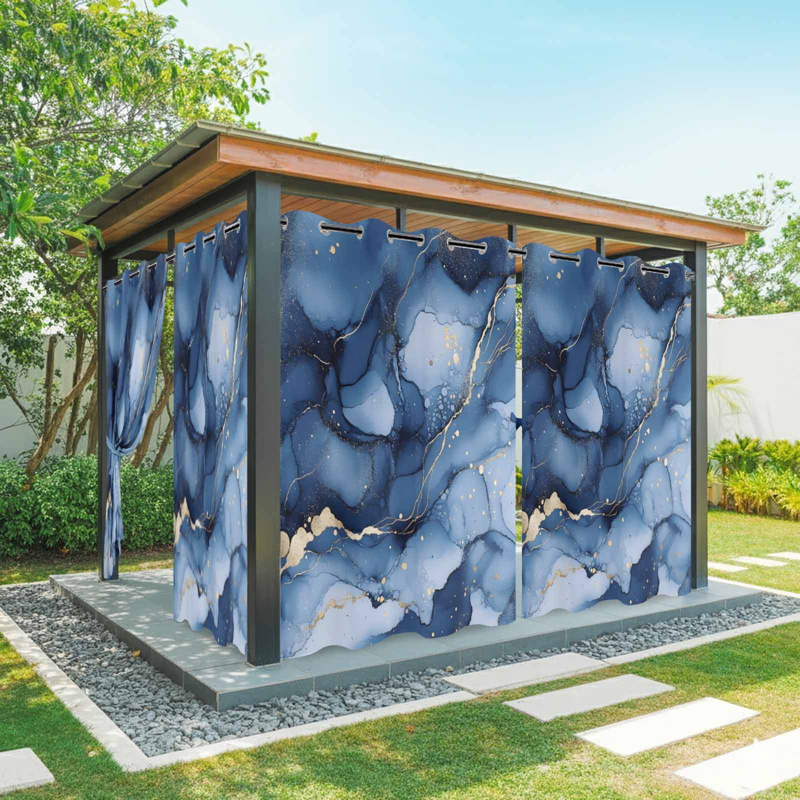 Abstract Art Outdoor Curtains for Patio Waterproof, Blue Gold Gradient ...