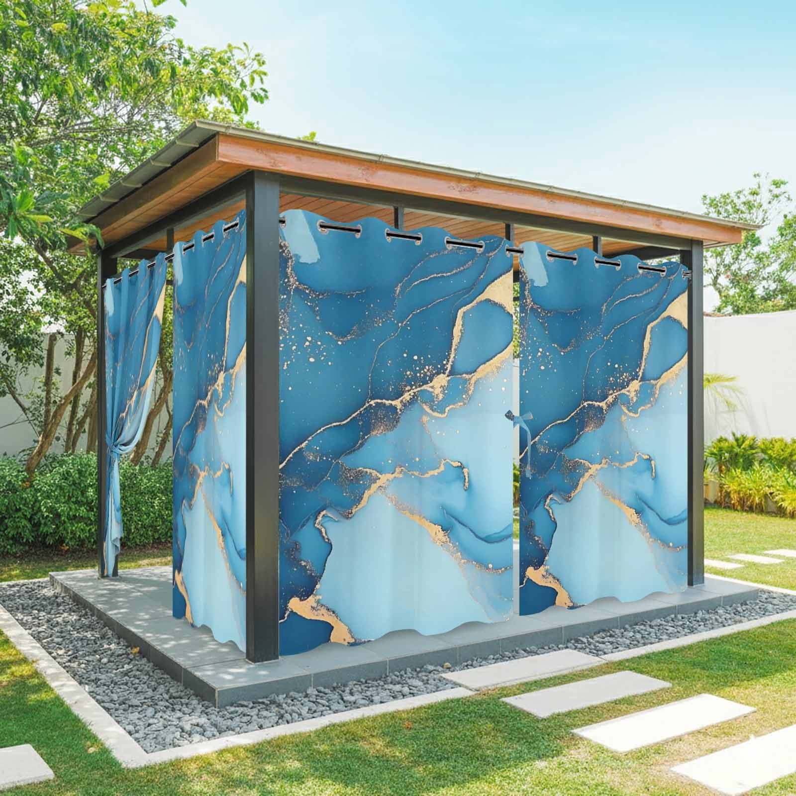 Abstract Art Outdoor Curtains for Patio Waterproof, Teal Blue Marble ...