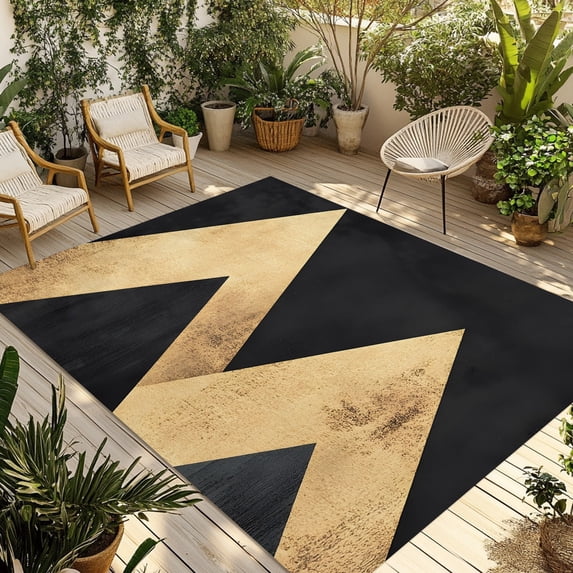 Abstract Art Outdoor Rug, Black Gold Digital Illustration Oil Painting ...